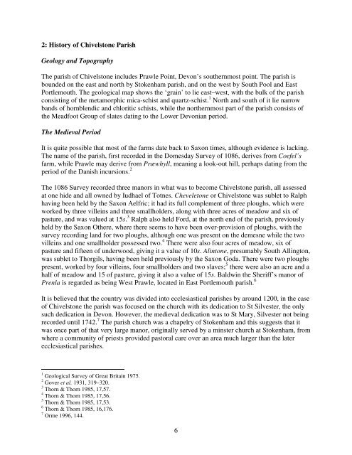 6 2: History of Chivelstone Parish Geology and Topography The ...