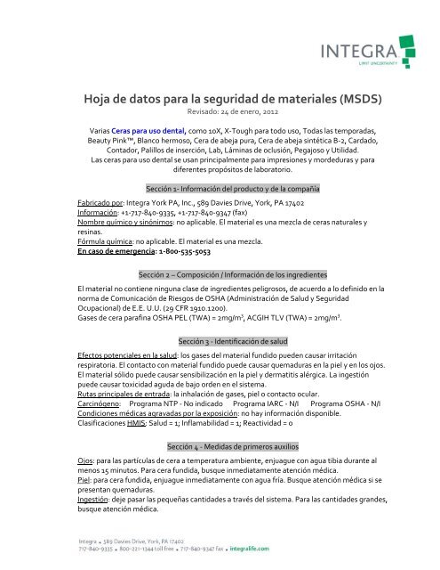 Hoja de datos para la seguridad de materiales (MSDS) - Integra Miltex