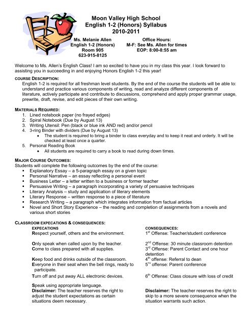 Sample Course Statement - Moon Valley High School