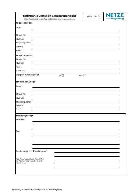 Technisches Datenblatt für Eigenerzeugungsanlagen - SWM Netze