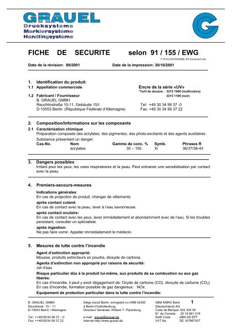 FICHE DE SECURITE selon 91 / 155 / EWG - B. Grauel GmbH