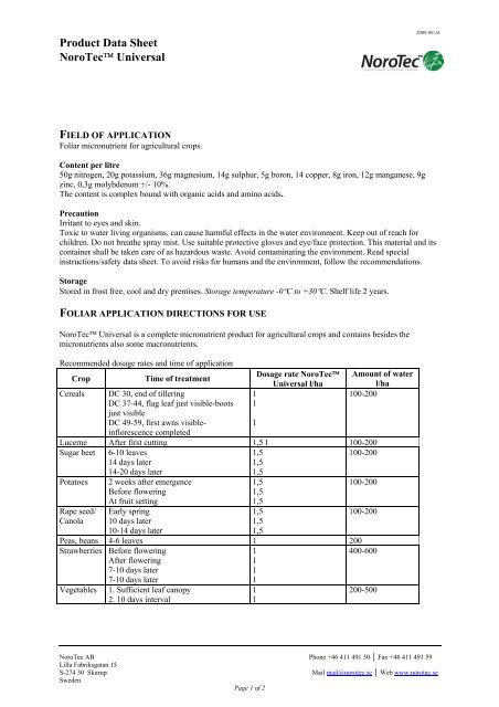 Product Data Sheet NoroTecâ ¢ Universal - NoroTec AB