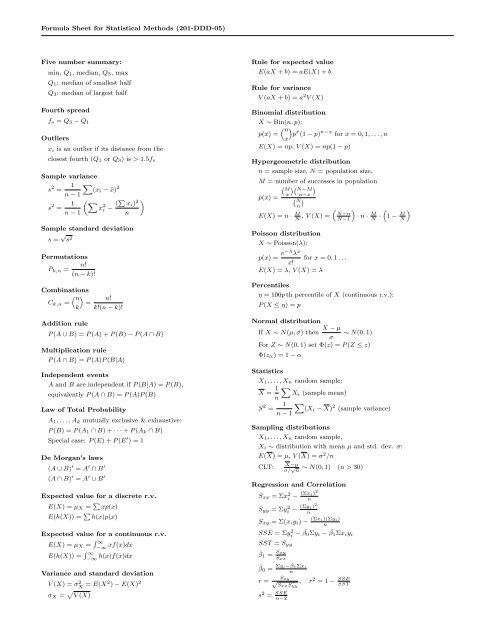 Formula Sheet for Statistical Methods (201-DDD-05) Five number ...