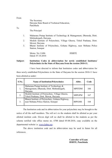 Institution Codes & abbreviation for newly established Institutes - hsbte