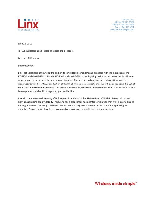 Holtek Encoders & Decoders End of Life Notice - Linx Technologies