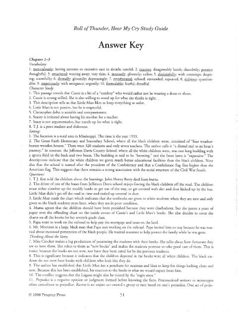 Roll of Thunder, Hear My Cry answer key