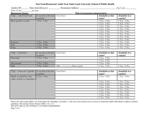 Fast Food Restaurant Audit Tool - Applied Research Program