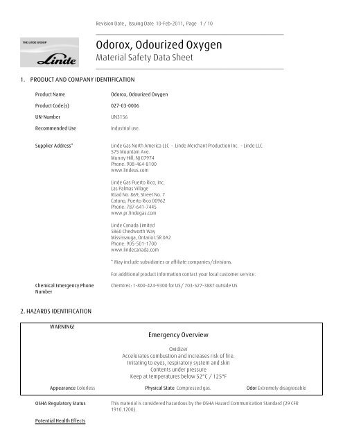 Odorox, Odourized Oxygen - (MSDS) - Linde Gases