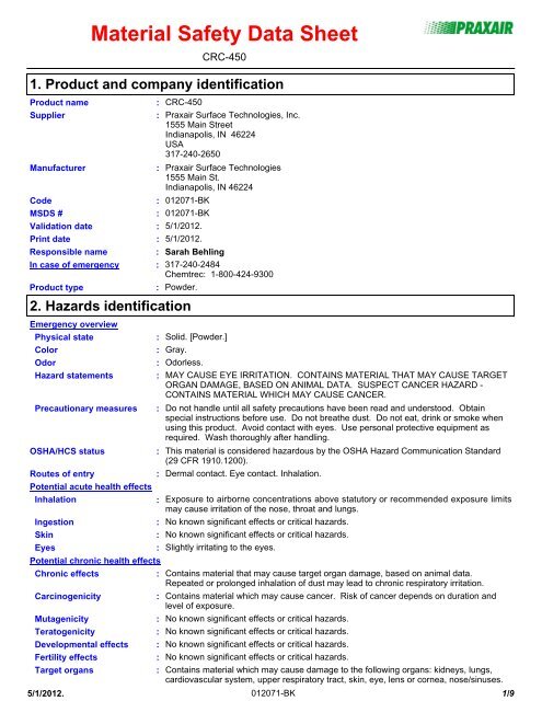 CRC--450 - Praxair Surface Technologies