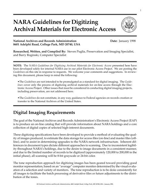 NARA Guidelines for Digitizing Archival Materials for Electronic Access