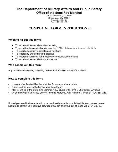Complaint Form - WV State Fire Marshal