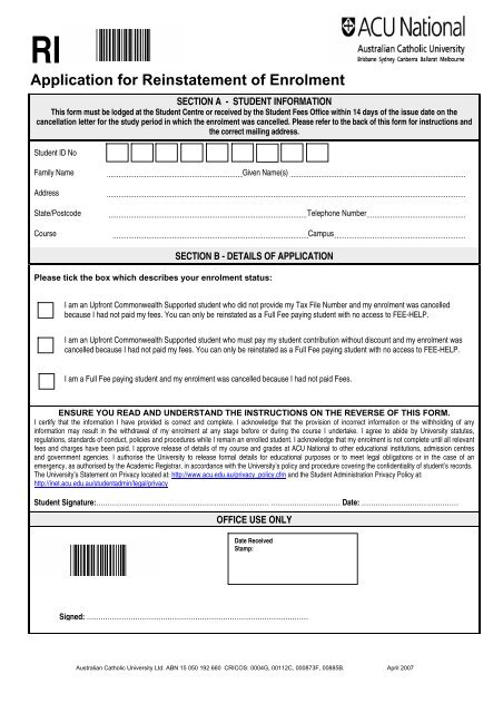 RI Application for Reinstatement of Enrolment - Students - Australian ...