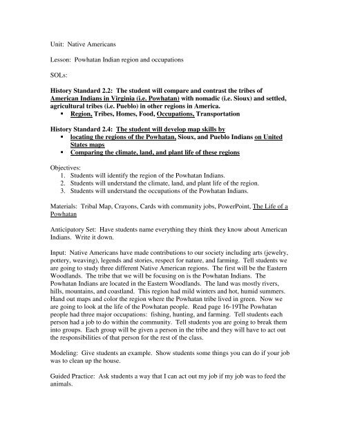 Unit: Native Americans Lesson: Powhatan Indian region and ...