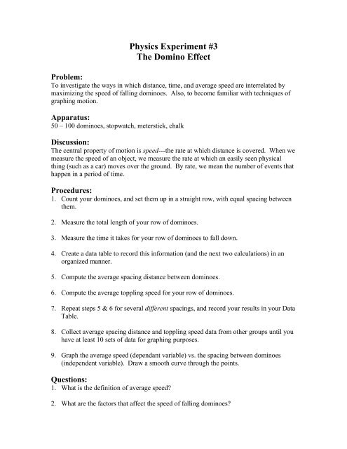 Physics Experiment #3 The Domino Effect