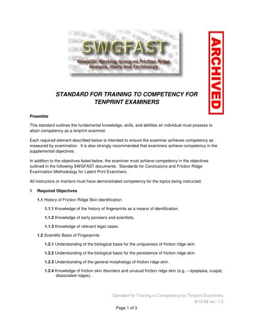 standard for training to competency for tenprint examiners - swgfast