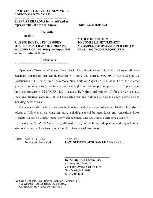 Motion to Compel Settlement - Susan Chana Lask