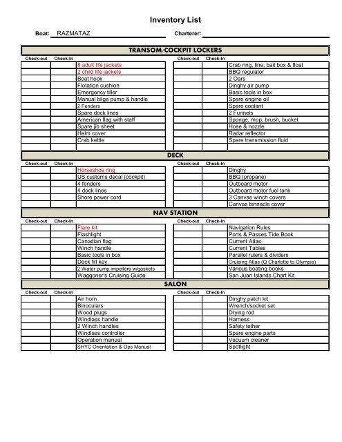 Inventory List - Ship Harbor Yacht Charters