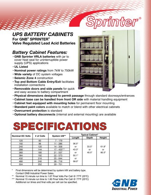 Sprinter® - UPS Battery Cabinets Section 43.40T - Exide Technologies
