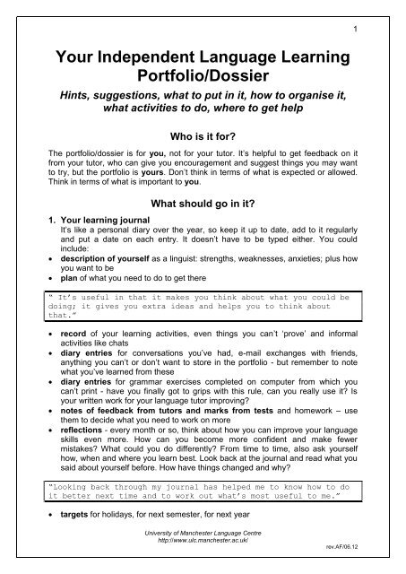 Your Independent Language Learning Portfolio/Dossier - University ...