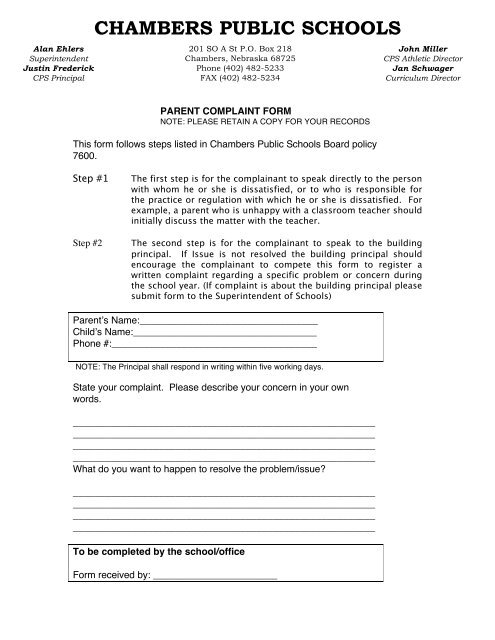 Parent Complaint Letter Form Chambers Public School parent-complaint-letter-form-chambers-public-school