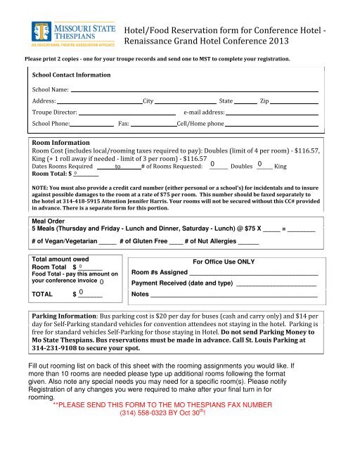Hotel/Food Reservation form for Conference Hotel - Missouri State ...
