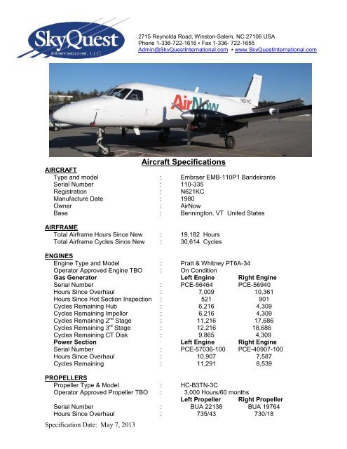 Aircraft Specifications - SkyQuest International, LLC