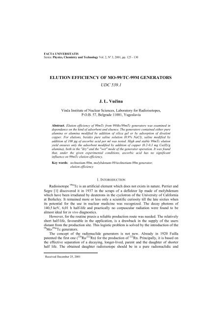 ELUTION EFFICIENCY OF MO-99/TC-99M GENERATORS UDC ...