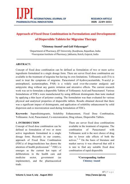 Approach Of Fixed Dose Combination In Formulation And Ijpi