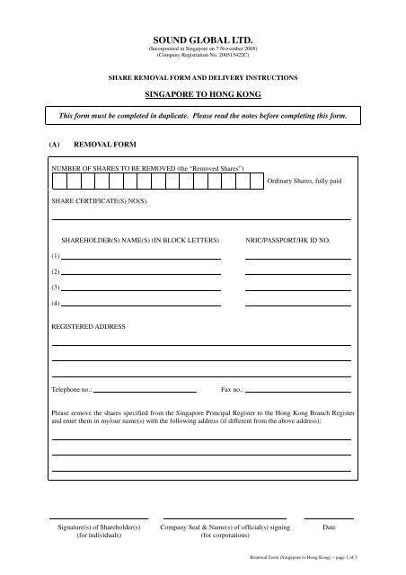 Share Removal Form and Delivery Instructions - Sound Global Ltd