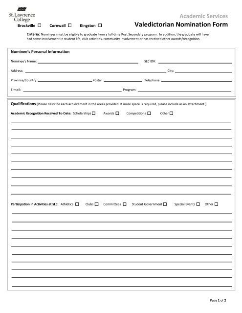 Valedictorian Nomination Form - St. Lawrence College