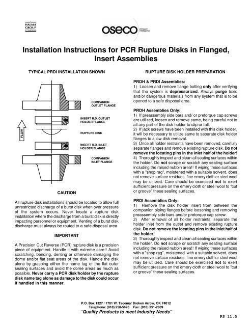 Installation Instructions for PCR Rupture Disks in Flanged ... - Oseco