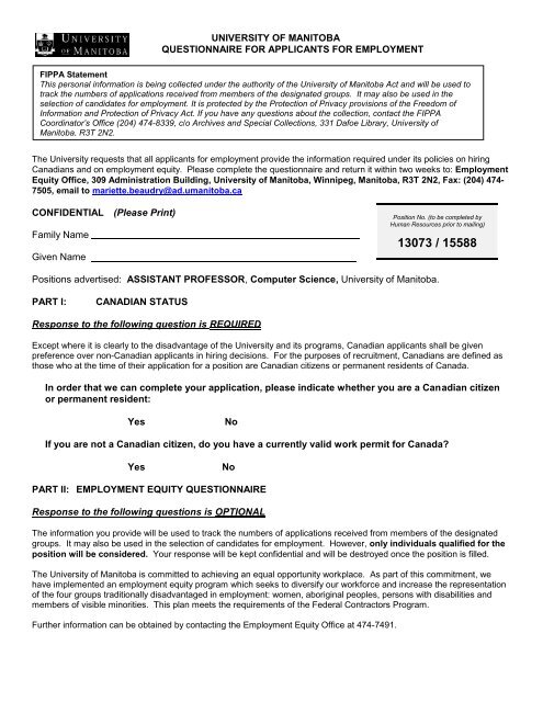 Questionnaire for Applicants for Employment - University of ...