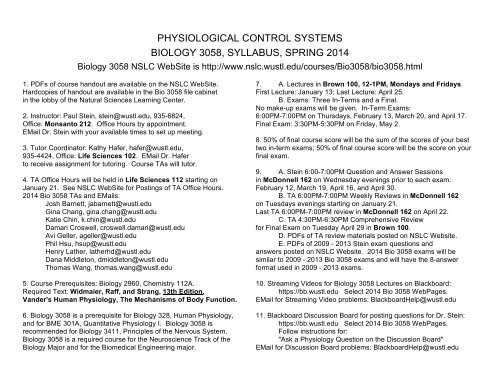 physiological control systems biology 3058, syllabus, spring 2012