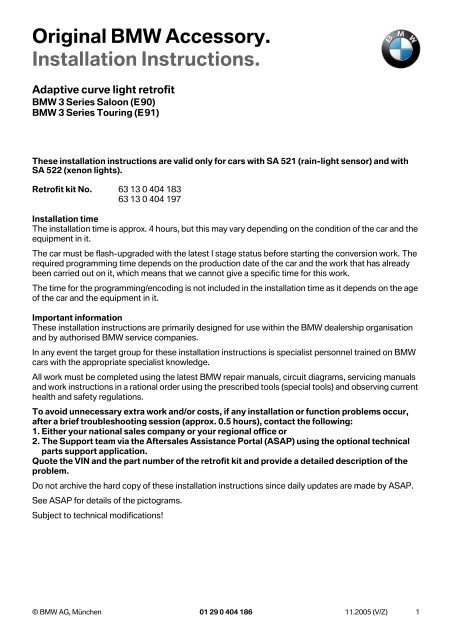 Original BMW Accessory. Installation Instructions.