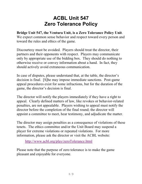 ACBL Unit 547 Zero Tolerance Policy - Vcbridge.org