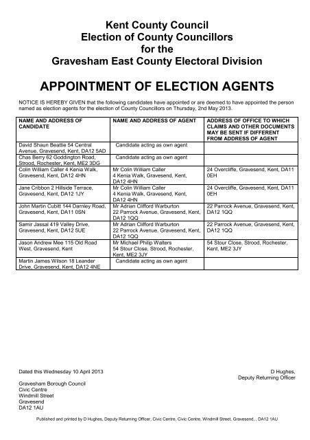 appointment of election agents - Gravesham Borough Council