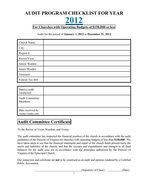 AUDIT PROGRAM CHECKLIST FOR YEAR - Diocese of Virginia