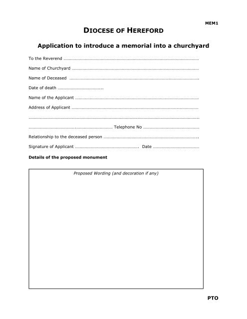 Download memorial application form - The Diocese of Hereford