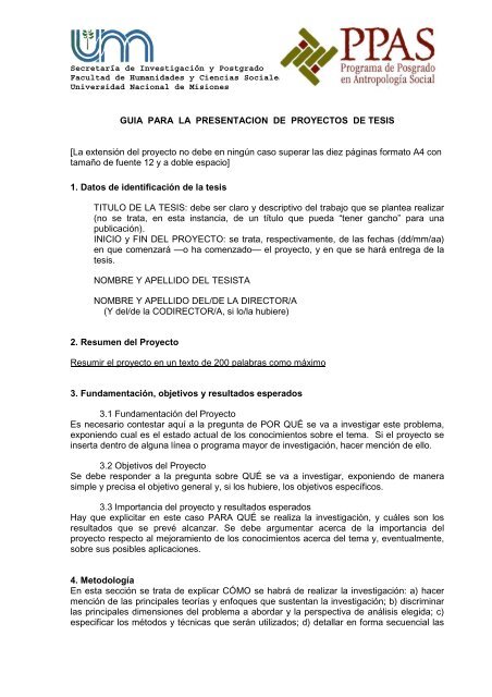 GUIA PARA LA PRESENTACION DE PROYECTOS DE TESIS [La ...