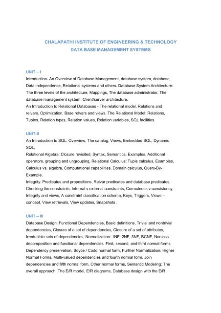 Database Management Systems - chalapathi institute of engineering ...