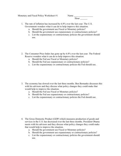 Monetary and Fiscal Policy Review Worksheet - Moon Valley High ...