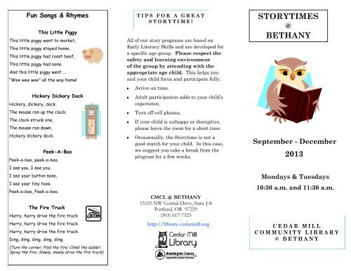 Print the Bethany Fall 2013 Storytime Brochure (PDF) - Cedar Mill ...