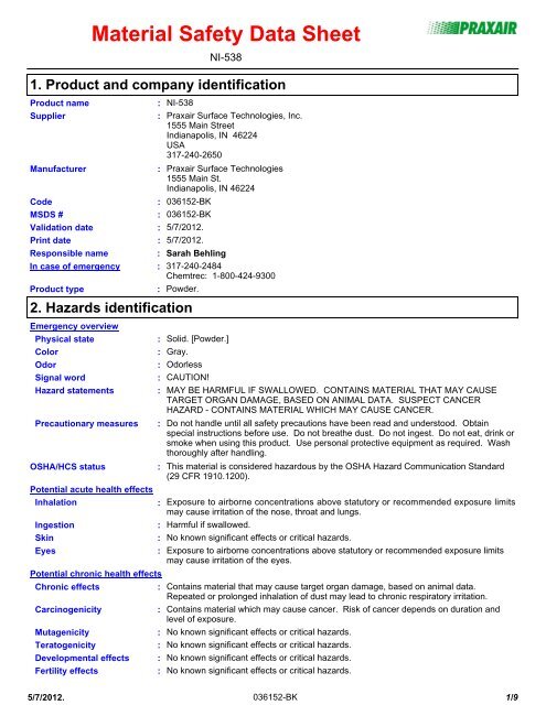 NI-538 - Praxair Surface Technologies