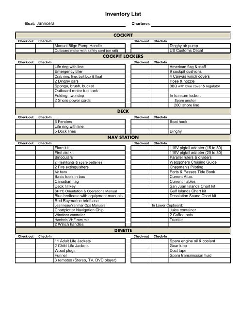 Inventory List - Ship Harbor Yacht Charters