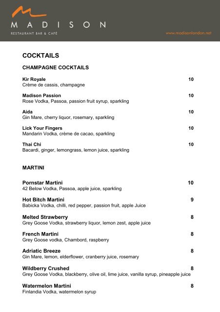 Cocktail menu - Madison