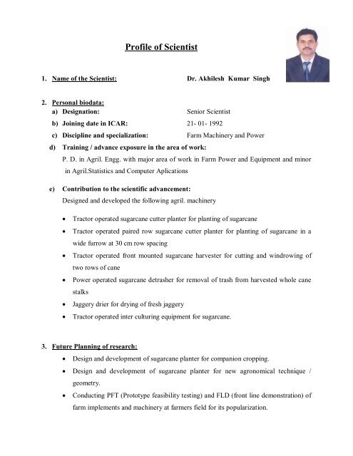 Profile of Scientist - Indian Institute of Sugarcane Research