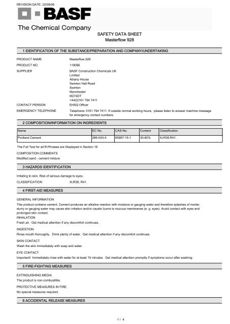 SAFETY DATA SHEET Masterflow 928 - Arcon Supplies