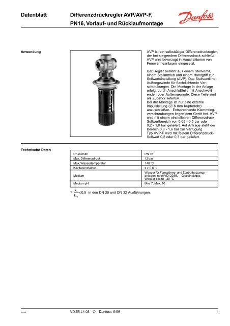 Datenblatt Differenzdruckregler AVP/AVP-F, PN16, Vorlauf- und ...