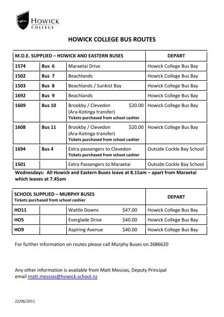 Bus route and ticket information - Howick College