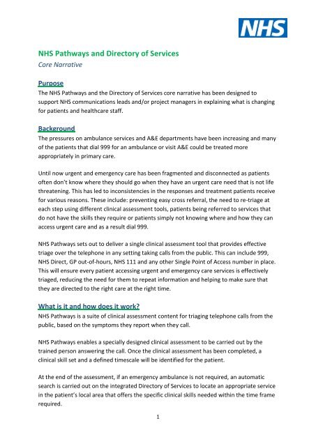 NHS Pathways and Directory of Services - NHS Connecting for Health